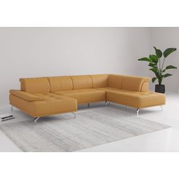 Wohnlandschaft Home Affaire "Caluna", gelb (curry), B:334cm H:81cm T:235cm, Sofas, Wohnlandschaft, Inkl.Sitztiefenverstellung, wahlweise mit Kopf- und Armteilverstellung