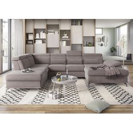 Sit & More Wohnlandschaft SIT & MORE "Cabrio U-Form, B: 359 cm, mit Sitztiefen-, Arm- & Kopfteilverstellung", braun (savannah), B:359cm H:87cm T:230cm, 100% Polyester, Sofas, Wohnlandschaft, 3 Nierenkissen, Federkern, optional Bettfunktion und Stauraum