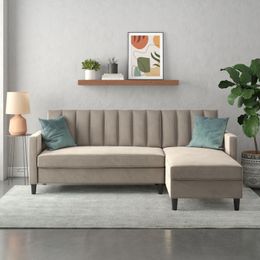 Ecksofa DOREL HOME "Celine, L-Form", grau (taupe), B:213cm H:83cm T:154cm, Veloursstoff 100% Polyester, Sofas, Ecksofa, mit Bett-Funktion und Stauraum. Recamiere beidseitig montierbar