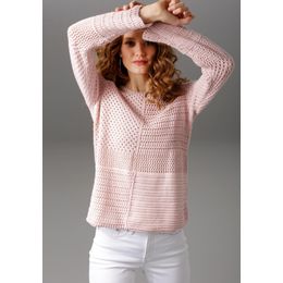 Rundhalspullover Aniston CASUAL, Damen, Gr. 42, rosa (ros&eacute;), Feinstrick, Obermaterial: 100% Baumwolle, unifarben, figurumspielend h&uuml;ftlang, Rundhals, Strickkante, Pullover Rundhalspullover, mit trendig gemixten Ajour-Mustern, Topseller