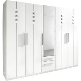 Kleiderschrank Priess, wei&szlig;, B:231cm H:193cm T:54cm, Holzwerkstoff, Schr&auml;nke, Kleiderschrank, 1-bis 5-t&uuml;rig, mit silberfarbigen Applikationen