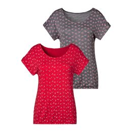T-Shirt Lascana "mit kleinem Cut-Out am &Auml;rmel", Damen, Gr. 40/42, rot (rot, dunkelgrau), Obermaterial: 95% Viskose (LENZING&trade; ECOVERO&trade;), 5% Elasthan, Minimalmuster, figurumspielend normal, Rundhals, mit Cut Outs, Shirts T-Shirt, aus weichem Viskose-Stretch
