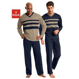 Pyjama Le Jogger, Herren, Gr. 60/62 (XXL), bunt (marine, beige), Jersey, Obermaterial: 100% Baumwolle, unifarben mit Farbeins&auml;tzen, Basic, lang, V-Ausschnitt, abgesteppte Kante, Homewear-Sets Pyjama, Schlafanzug mit kontrastfarbigen Eins&auml;tzen vorn