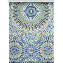 Seitenzugrollo LICHTBLICK ORIGINAL "Rollo Klemmfix, ohne Bohren, blickdicht, Orientalische Muster", blau (blau, gr&uuml;n, wei&szlig;), B:90cm H:150cm, Polyester, Rollos, Seitenzugrollo