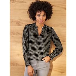 Druckbluse Heine, Damen, Gr. 48, gelb (schwarz, camel, bedruckt), 100% Polyester, bedruckt, ethno, gemustert, mehrfarbig, Rundhals, Blusen Druckbluse