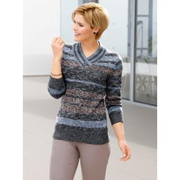 V-Ausschnitt-Pullover Casual Looks "Pullover", Damen, Gr. 38, blau (jeansblau, anthrazit, geringelt), 100% Polyacryl, gemustert, mehrfarbig, meliert, figurumspielend, Pullover V-Ausschnitt-Pullover