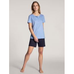 Shorty Calida "Night Lovers", Damen, Gr. XS (36/38), blau (schwarz lapis blau), Interlock, Obermaterial: 100% Baumwolle, gemustert, comfort fit kurz, Rundhals, Homewear-Sets Shorty, Interlock-Qualit&auml;t, Pure Cotton, Kurzarm, Rundhals, Knopfleiste
