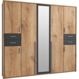Dreht&uuml;renschrank wimex "Vegas", grau (plankeneichefb, graphit, griffe alu), B:228cm H:210cm T:58cm, Holzwerkstoff, Schr&auml;nke, Dreht&uuml;renschrank, inklusive Passepartout-Rahmen, mit Spiegelt&uuml;ren und Schubladen