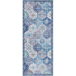 Teppich ELLE DECORATION "Kashmir Ghom" Gr. 12, blau (denim), B:80cm H:5mm L:200cm, Polyester, Teppiche, Teppich, Orientalisch, L&auml;ufer, Kurzflor, Vintage, Wohnzimmer, Schlafzimmer