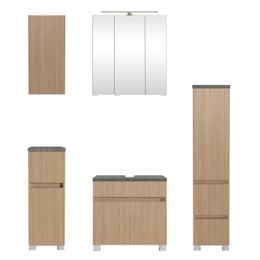 Badm&ouml;bel-Set Welltime "EIXO, 5tlg.-Set: Spiegelschrank, Unterbeckenschrank und Beim&ouml;bel", braun (eiche hell), B:120cm H:200cm T:35cm, Holzwerkstoff, Kastenm&ouml;bel-Sets, Badm&ouml;bel-Set, Set 120 cm breit, Badm&ouml;bel mit LED-Beleuchtung