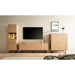 Wohnwand Home Affaire "Lund, moderne Anbauwand, Wohnzimmer-Set in Stone Oak", beige (stone oak), B:403cm H:40cm T:200cm, Holzwerkstoff, Kastenm&ouml;bel-Sets, Wohnwand, enth&auml;lt Vitrine, Lowboard und Higboard