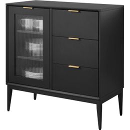 Sideboard LEONIQUE "Lavisha", schwarz, B:80cm H:83cm T:40cm, Echtglas, Eisen, FSC-zertifizierter Holzwerkstoff, Sideboards, Sideboard, FSC-zertifiziertes Holz kombiniert Melamin, verchromten Metallgriffen