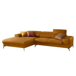 Ecksofa W.Schillig "Piedroo, Designsofa mit tollem Sitzkomfort, elegant und bequem, L-Form", gelb (brandy s37), B:303cm H:70cm T:193cm, Stoff S37 (100% Polyester): Luxus-Microfaser in Lederoptik, Sofas, Ecksofa, Kopfteilverstellung, wahlweise mit Sitztiefenverstellung, Breite 303cm