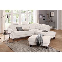 Ecksofa Home Affaire "Trondheim L-Form", beige (linen), B:260cm H:89cm T:214cm, Struktur fein (100% Polyester);Flachgewebe (100% Polyester);Luxus-Microfaser (90% Polyester, 10% Polyamid), Sofas, Ecksofa, mit Federkern und Knopfheftung im R&uuml;cken, F&uuml;&szlig;e Buche dunkel