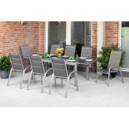 Garten-Essgruppe Merxx "Amalfi di lusso", braun (diamantbraun, braun), B:56,5cm H:104cm T:77cm, Aluminium, Polyester, Sitzm&ouml;bel-Sets, Garten-Essgruppe, 8 Stapelsessel, Hochlehner mit ausziehbarem Tisch,Gewicht Tisch 52,6kg