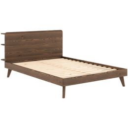 Bettgestell Karup Design "RETREAT BED", braun (carob braun lackiert), B:146cm H:93cm L:226cm, Betten, Bettgestell, aus Kiefer massiv mit Lattenrost, Kopfteil mit 3 Ablagen