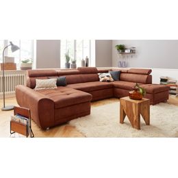 Sit & More Wohnlandschaft SIT & MORE "Riva U-Form", braun (cognac), B:337cm H:92cm T:95cm, Struktur (100% Polyester);Flachgewebe (100% Polyester);Luxus-Microfaser (100% Polyester), Sofas, Wohnlandschaft, wahlweise mit Bettfunktion