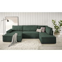 Wohnlandschaft Home Affaire "SHERWOOD U-Form, 329 cm - OTTO. Verl&auml;ssliche Qualit&auml;t.", gr&uuml;n (dunkelgr&uuml;n), B:329cm H:85cm T:195cm, 100% Polyester, Sofas, Wohnlandschaft, Schlaffunktion m. Bettkasten (194x139 cm), Cord, Vintage, Samtvelours