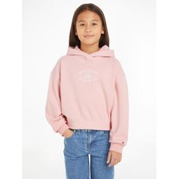 Kapuzensweatshirt Tommy Hilfiger "MONOTYPE FLOCK HOODIE", M&auml;dchen, Gr. 4 (104), rosa (soft rose), Sweatware, Obermaterial: 70% Baumwolle, 30% Polyester, unifarben, B&uuml;ndchen, Sweatshirts Kapuzensweatshirt, Kinder bis 16 Jahre mit Logoschriftzug