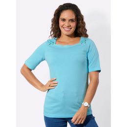 T-Shirt Casual Looks "Shirt-Set", Damen, Gr. 42, aquamarin, aquamarin, wei&szlig;, geringelt, 100% Baumwolle, gemustert, gestreift, unifarben, eckiger Ausschnitt, Shirts T-Shirt