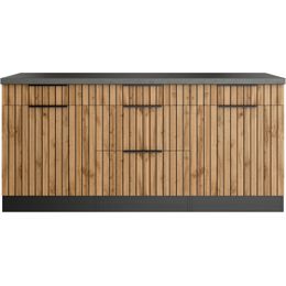 Unterschrank KOCHSTATION "KS-Lagos", grau (listrado eiche, grafitgrau), B:180cm H:86cm T:60cm, Holzwerkstoff, Schr&auml;nke, Unterschrank, Breite 180 cm, 2 T&uuml;ren, 2 Ausz&uuml;ge, 3 Schubk&auml;sten