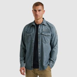 PME-Legend Jeanshemd PME LEGEND, Damen, Gr. L, N-Gr, denim blau, Web, Obermaterial: 100% Baumwolle, unifarben, regular fit normal, Manschette, Hemden Jeanshemd, mit Logo Stickerei
