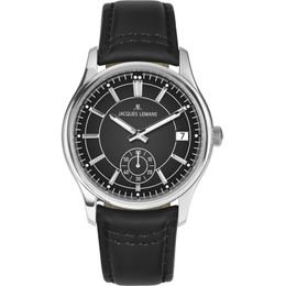 Quarzuhr Jacques Lemans "Derby", schwarz (schwarz, schwarz), Armbanduhren, Herren, Quarzuhr, Armbanduhr, Herrenuhr, Lederarmband, analog, Tag, kleine Sekunde