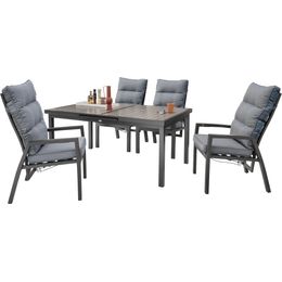 Garten-Essgruppe Destiny "GARDA IMOLA", grau (anthrazit), Polyester, Synchron-Auszug, Sitzm&ouml;bel-Sets, Garten-Essgruppe, 4 Hochlehner inkl. Auflagen, 1 Ausziehtisch 165/215x100 cm