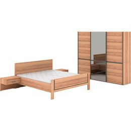 Schlafzimmer-Set Musterring "Sorrent, Kleiderschrank, Bett & Nachtkommoden, teilmassiv Eiche", braun, Schrank 250cm Breit / 217cm Hoch + ohne Matratze, B/H: 180cm x 200cm, Schrank 250cm Breit / 217cm Hoch, Glas, Hartfaserplatte, Holz teilmassiv, Holzwerkstoff, Massivholz, Schlafzimmerm&ouml;bel-Sets, Schlafzimmer-Set, mit Schwebet&uuml;renschrank, Bett mit Stollenfu&szlig;, Breite Schrank 250 cm