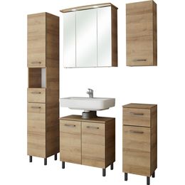 Badm&ouml;bel-Set SAPHIR "Quickset 919 5-teilig, Waschbeckenunterschrank mit LED-Spiegelschrank", braun (riviera eiche quer nachbildung), Kastenm&ouml;bel-Sets, Badm&ouml;bel-Set, Hochschrank, Unterschrank, H&auml;ngeschrank, 9 T&uuml;ren, inkl. T&uuml;rd&auml;mpfer