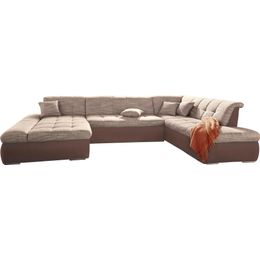 Wohnlandschaft DOMO collection "Moric Luxus incl. Zierkissen", braun (espresso, beige, braun, braun), B:353cm H:80cm T:95cm, Kunstleder SOFTLUX / Struktur (90% Polyester, 10% Polyacryl), Sofas, Wohnlandschaft, U-Form, bis 140kg pro Sitzplatz belastbar, XXL B/T/H: 353/216/80 cm