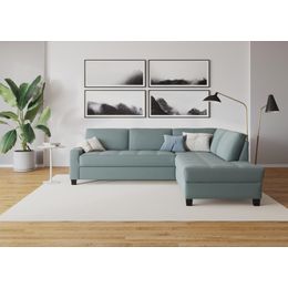 Ecksofa DOMO collection "Florentina zeitlos und elegant, Sitzn&auml;hte als Designelement, L-Form", blau (eisblau), B:243cm H:84cm T:209cm, Struktur fein (100% Polyester);Luxus-Microfaser (100% Polyester);Luxus-Microfaser in Chenille-Optik (100% Polyester);Microvelour (100% Polyester);Webstoff (100% Polyester), Sofas, Ecksofa, wahlweise mit Bettfunktion, mit Kontrastnaht, Komfortsitzh&ouml;he 47cm