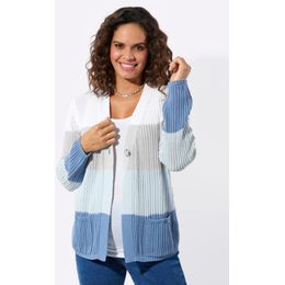 Strickjacke Casual Looks, Damen, Gr. 44, mittelblau, ecru, geringelt, 100% Baumwolle, gemustert, gestreift, Strickjacken Strickjacke