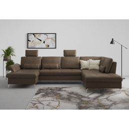 Wohnlandschaft Home Affaire "Palm Beach U-Form", braun, B:347cm H:89cm T:224cm, 100%Polyester, Sofas, Wohnlandschaft, Federkern, mit Sitztiefenverstellung, wahlweise mit Bettfunktion