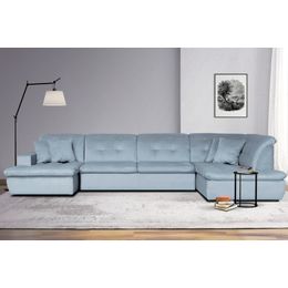 Wohnlandschaft Home Affaire "BRISBANE NEU U-Form", blau (hellblau), B:380cm H:83cm T:202cm, 100% Polyester, Sofas, Wohnlandschaft, mit feiner Steppung, Matten-Optik, incl. Zierkissen