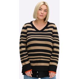 2-in-1-Pullover sheego "Pullover", Damen, Gr. 56/58, schwarz-wei&szlig; (schwarz, beige, gestreift), 50% Baumwolle, 50% Polyacryl, Einsatz:65% Baumwolle, 35% Polyacryl, gemustert, gestreift, mehrfarbig, Pullover 2-in-1-Pullover