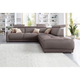 Ecksofa DOMO collection "Ava, moderne Sitzheftung mit toller Doppelnaht, komfortabel, L-Form", braun (schlamm), B:266cm H:84cm T:99cm, Kunstleder SOFTLUX;Struktur fein (100% Polyester);Zierkissen: Microfaser PRIMABELLE (100% Polyester);Struktur (100% Polyester);Microfaser PRIMABELLE (100% Polyester), Sofas, Ecksofa, mit Ottomane, inkl. Federkern, wahlweise mit Kopfteilverstellungen