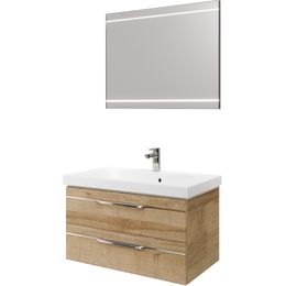 Badm&ouml;bel-Set SAPHIR "Balto 2-teilig Mineralmarmor-Waschtisch mit LED-Spiegel, Waschplatz", braun (riviera eiche quer nachbildung mit chromeinlage), B:92cm H:200cm T:50,8cm, Holzwerkstoff, Kastenm&ouml;bel-Sets, Badm&ouml;bel-Set, 92 cm breit, mit 2 Schubladen, Badschrank inkl. Schubladend&auml;mpfer