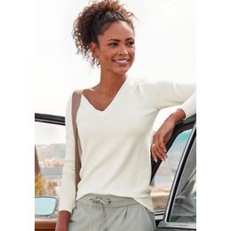 V-Ausschnitt-Pullover Vivance, Damen, Gr. 40/42, beige (creme), Feinstrick, Obermaterial: 83% Viskose, 15% Polyamid, 2% Elasthan, unifarben, figurbetont h&uuml;ftlang, tiefer V-Ausschnitt, Rippstrickb&uuml;ndchen, Pullover V-Ausschnitt-Pullover, in taillierter Form, weicher Strickpullover, Basic, klassisch, Topseller