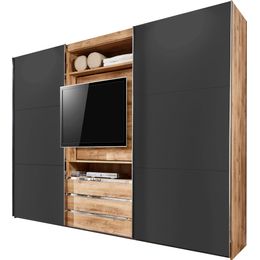 Schwebet&uuml;renschrank wimex "Magic by fresh to go", grau (plankeneiche nachbildung, graphit), B:300cm H:216cm T:65cm, Schr&auml;nke, Schwebet&uuml;renschrank, tolles EXTRA: mit drehbarem TV-Element, mittig mit Schubladen