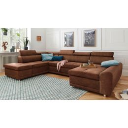 Sit & More Wohnlandschaft SIT & MORE "Riva U-Form", braun (cognac), B:337cm H:92cm T:95cm, Struktur (100% Polyester);Flachgewebe (100% Polyester);Luxus-Microfaser (100% Polyester), Sofas, Wohnlandschaft, wahlweise mit Bettfunktion