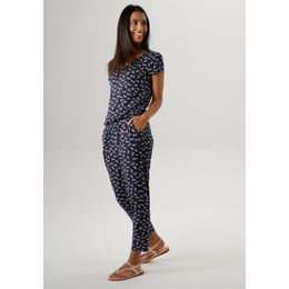 Jumpsuit Aniston SELECTED, Damen, Gr. 42, N-Gr, blau (dunkelblau, wei&szlig;), Single Jersey, Obermaterial: 95% Viskose, 5% Elasthan, bedruckt, figurumspielend wadenlang, V-Ausschnitt, Overalls Jumpsuit, mit Palmen bedruckt, Topseller
