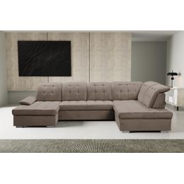 Wohnlandschaft WERK2 "Kordula-New Multifunktion Couch, Breite 332cm, bequem, U-Form", beige, B:332cm H:105cm T:217cm, 95% Polyester, 5% Nylon, Sofas, Wohnlandschaft, Sofa in U-Form mit Schlaffunktion & Bettkasten, Schlafcouch