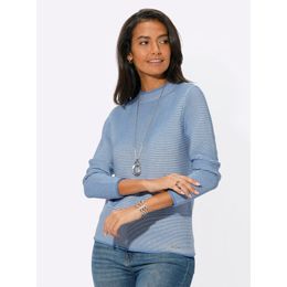 Stehkragenpullover Casual Looks "Pullover", Damen, Gr. 42, blau (mittelblau, ecru, geringelt), 50% Baumwolle, 50% Polyacryl, gemustert, gestreift, mehrfarbig, Pullover Stehkragenpullover
