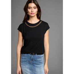 Rundhalsshirt Laura Scott, Damen, Gr. 32/34, schwarz, Jersey, Obermaterial: 95% Viskose, 5% Elasthan, unifarben, figurumspielend h&uuml;ftlang, Rundhals, Shirts Rundhalsshirt, mit goldfarbener Zierkette