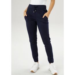 Schlupfhose Aniston SELECTED, Damen, Gr. 44, N-Gr, blau (marine), Jersey, Obermaterial: 65% Polyester, 32% Viskose, 3% Elasthan, unifarben, figurumspielend 7/8-L&auml;nge, Hosen Schlupfhose, mit gro&szlig;en, aufgesetzten Taschen, Topseller