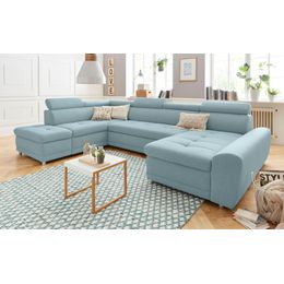 Sit & More Wohnlandschaft SIT & MORE "Riva U-Form", blau (aqua), B:337cm H:92cm T:95cm, Struktur (100% Polyester);Flachgewebe (100% Polyester);Luxus-Microfaser (100% Polyester), Sofas, Wohnlandschaft, wahlweise mit Bettfunktion