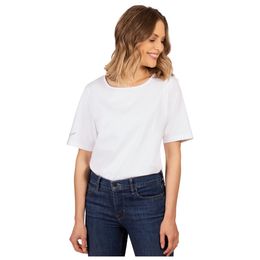 T-Shirt TRIGEMA "TRIGEMA T-Shirt DELUXE Baumwolle mit Kristallsteinen", Damen, Gr. M, wei&szlig;, Single Jersey, 100% Baumwolle, Basic, lang, Rundhals, Shirts T-Shirt