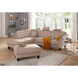 Ecksofa Home Affaire "Trondheim L-Form", braun (mittelbraun), B:260cm H:89cm T:214cm, Struktur fein (100% Polyester);Flachgewebe (100% Polyester);Luxus-Microfaser (90% Polyester, 10% Polyamid), Sofas, Ecksofa, mit Federkern und Knopfheftung im R&uuml;cken, F&uuml;&szlig;e Buche dunkel
