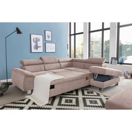 Ecksofa COTTA "Komaris L-Form, B: 249 cm", braun (mud), B:249cm H:72cm T:100cm, Microfaser PRIMABELLE (100% Polyester);Kunstleder SOFTLUX;Feinstruktur (100% Polyester);Kunstleder SOFTLUX/Struktur (100% Polyester);NaturLEDER, Sofas, Ecksofa, mit Kopfteilverstellung, optional Bettfunktion, Bettkasten & Licht